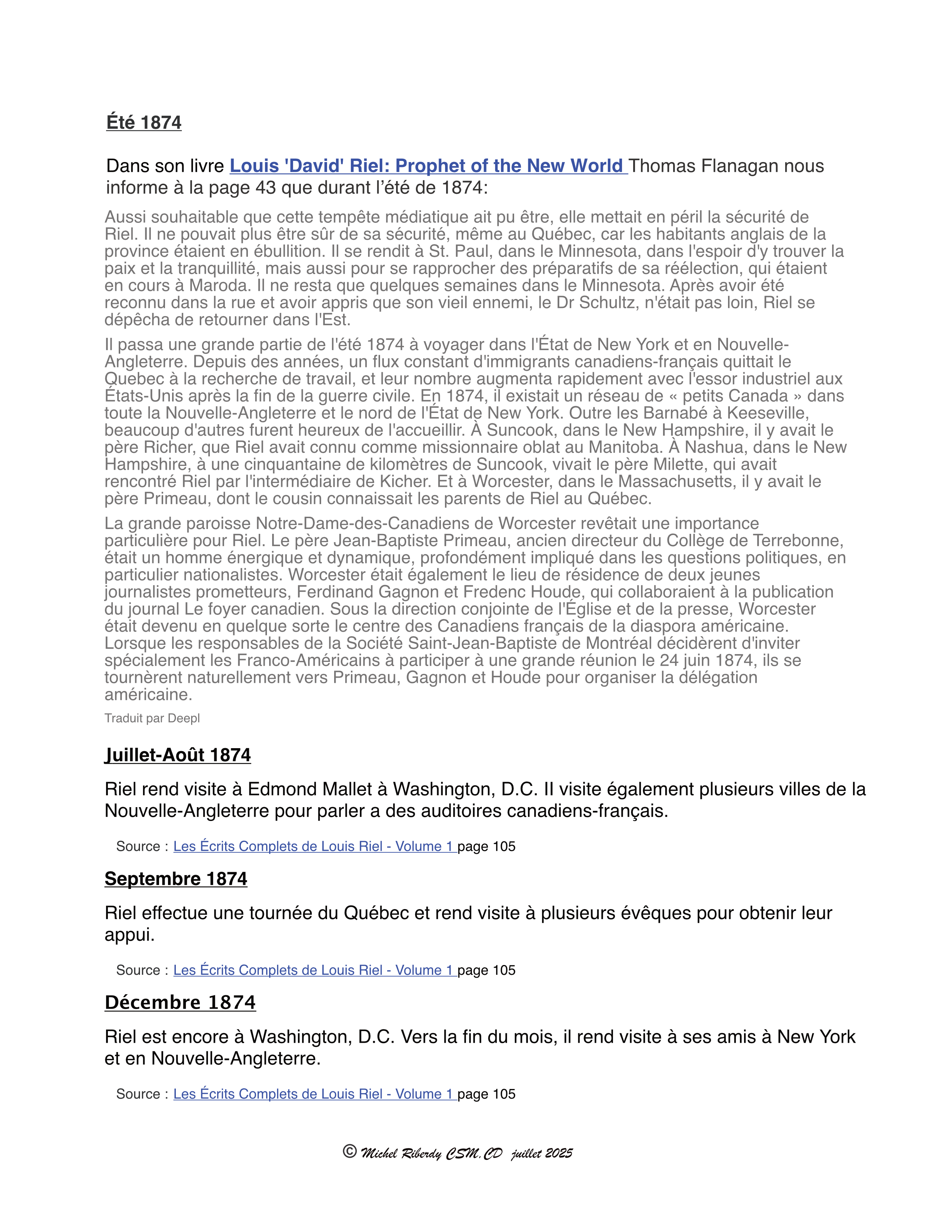 Où était Louis Riel au printemps, à l’été, et à l’automne de 1874 ...